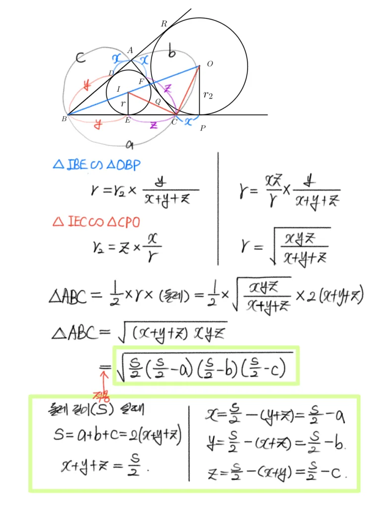 헤론의 공식 증명 (내심, 방심, 접선의 길이 이용) - 수학능력발전소